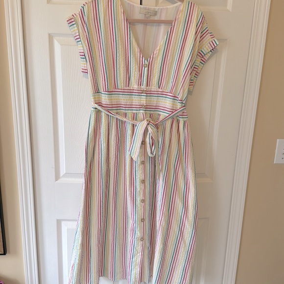 LOFT | Dresses | Loft Petite Rainbow Stripe Button Down Tie Dress 6p ...